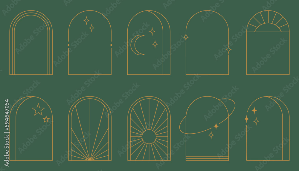 Line arch frame set. Bohemian linear shapes with space and sky elements ...