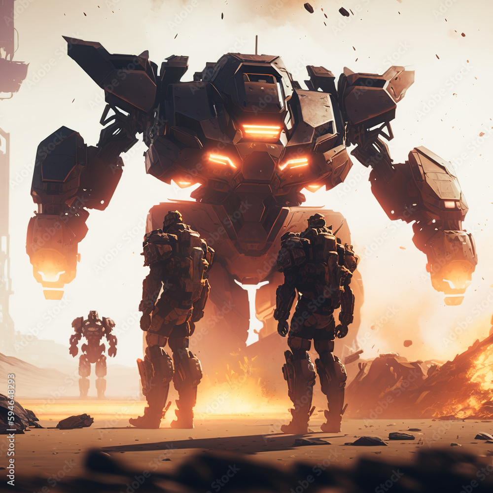 ภาพประกอบสต็อก Robot warrior in heavy armor with weapons, ai art ภาพ ...
