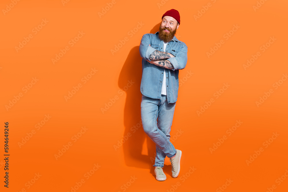 Full size photo of positive youth guy with crossed arms look ads ...
