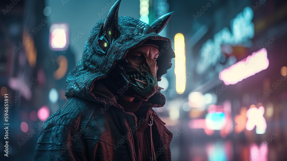 Masked cyber guy in a black cape jacket in cyberpunk town, ai art Stock ...