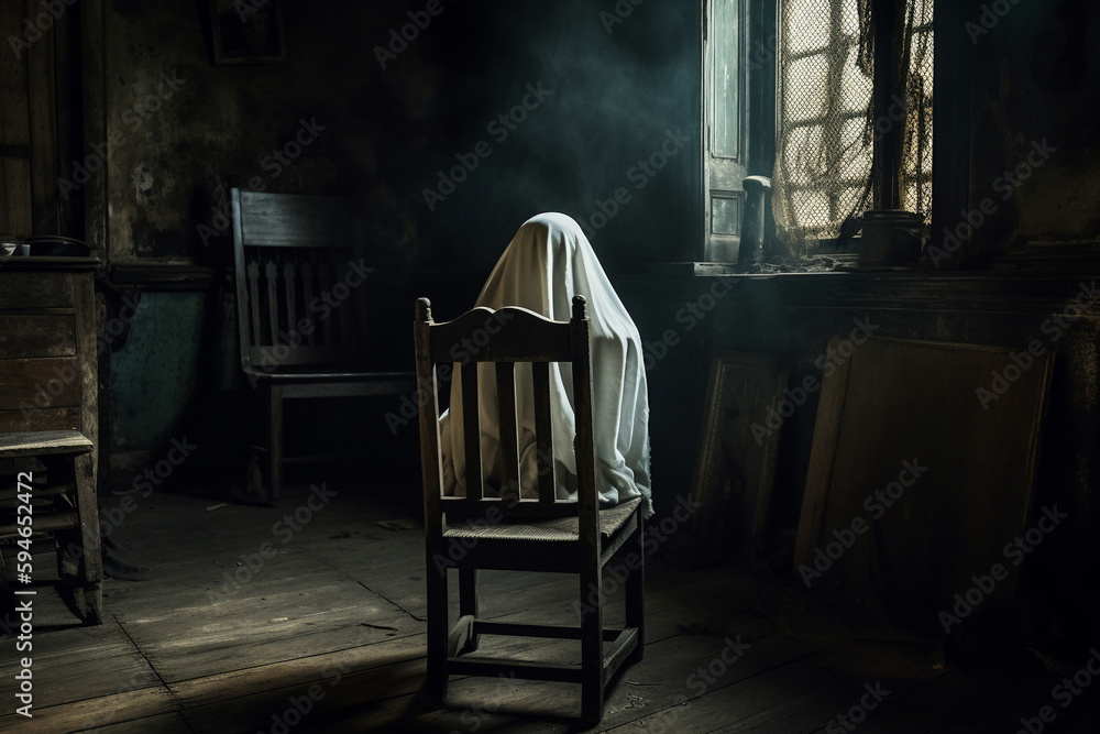 Generative Ai of a white-sheet ghost sitting on a chair in a haunted ...