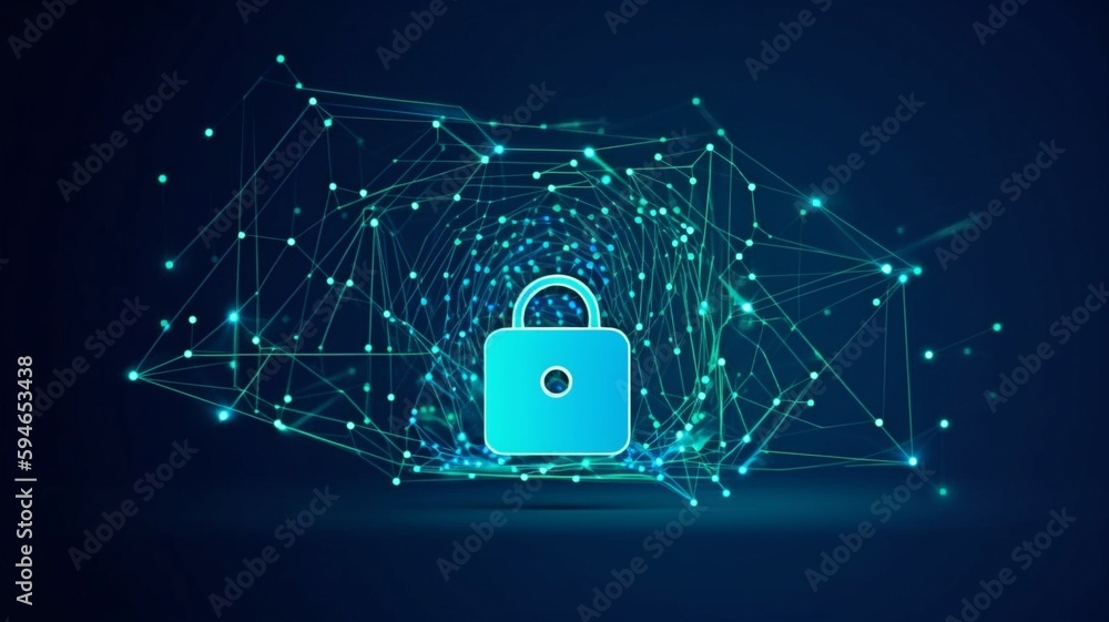 Concept of a laptop with a lock and security made of lines, triangles ...