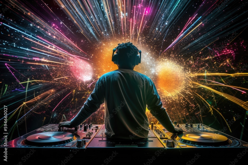 Illustration of a DJ mixing tracks on a mixer in a nightclub with ...