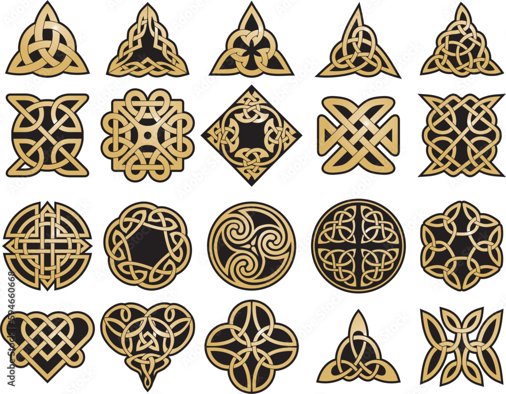 Vector set of gold and black celtic knots. Ornament of ancient European ...