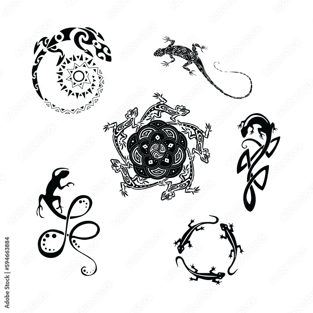 Vetor de Polynesian tribal style lizard tattoo, braids and lizards in a ...