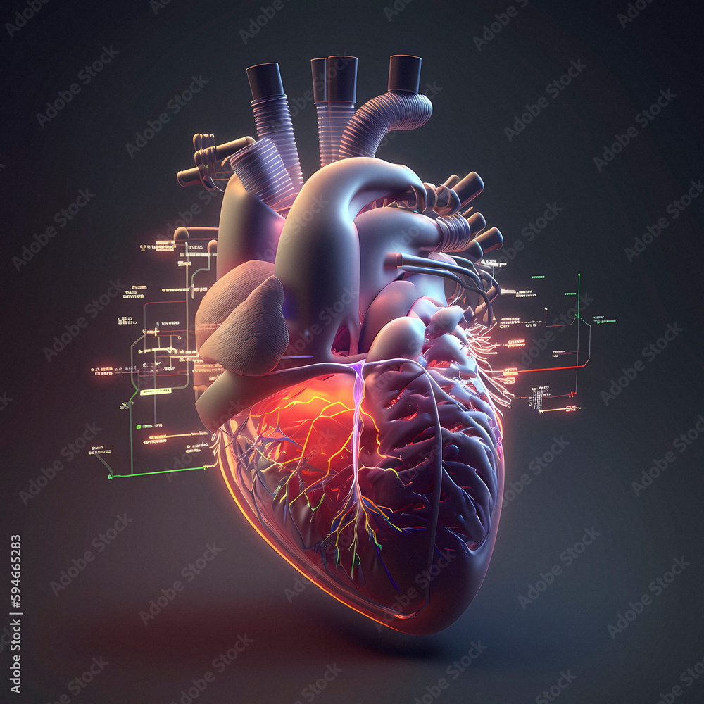 Cardiac surgery , human heart with cells and arteries, heart attack ...