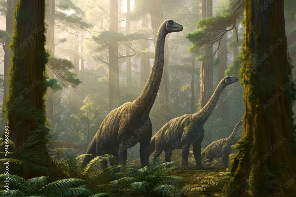 Dinosaurs Brachiosaurus Family Grazing On Tall Trees. Generative AI ...