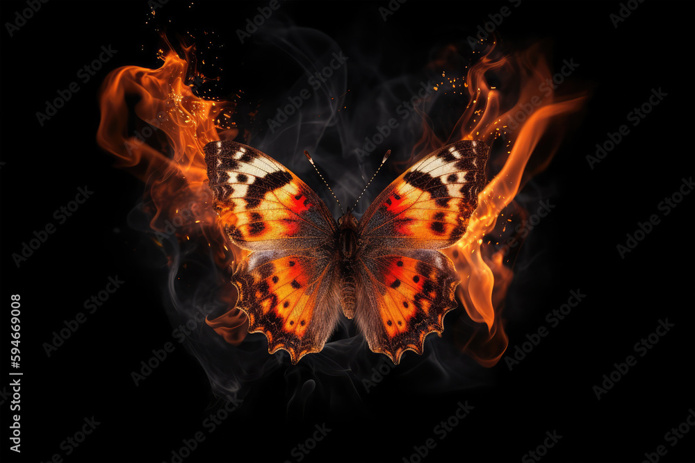 Fiery burning butterfly with flames on its wings design on black background. Generative AI Stock ...