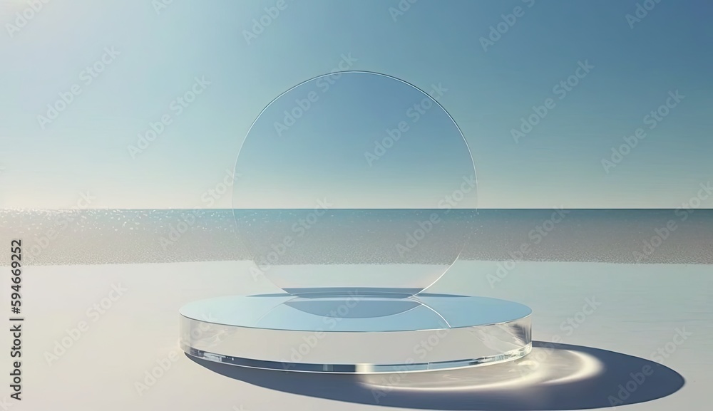 Empty glass round podium on blue background, transparent mock up ...