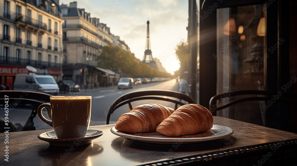 Des croissant et un café posé sur une table d'une terrasse parisienne ...
