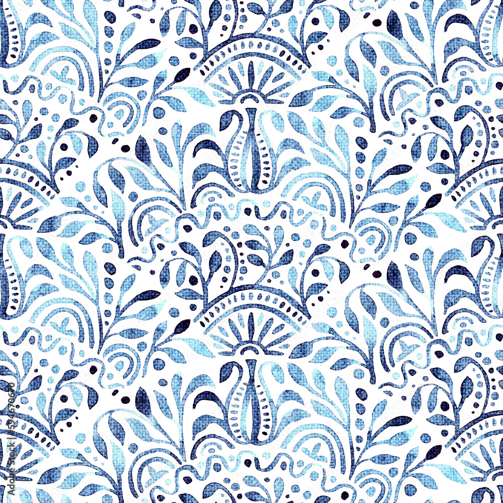 Blue and white seamless watercolor pattern. Grunge vintage texture ...