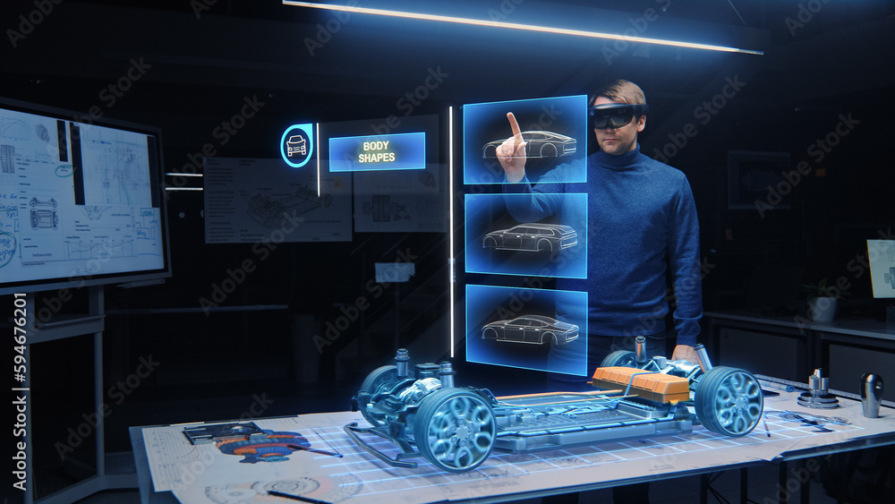 Automotive Engineer Wearing VR Headset Working on 3D Electric Car ...