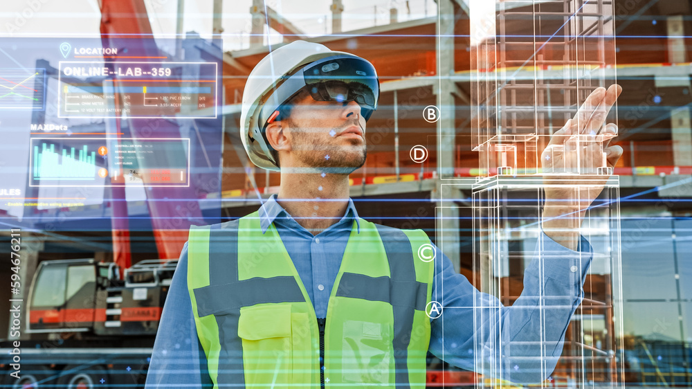 Futuristic Architectural Engineer Wearing Augmented Reality Headset, Uses Gestures to Create 3D ...