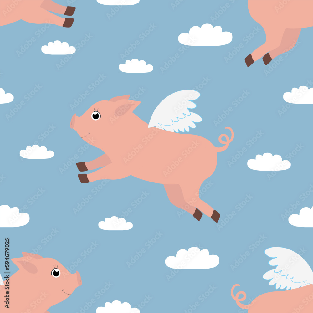 Vector seamless pattern with flying pigs characters with wings in ...