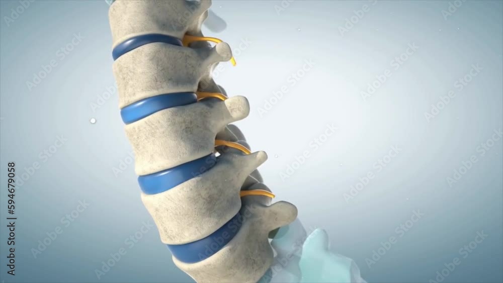 3D animation of a human lumbar spine demonstrating herniated disc ...