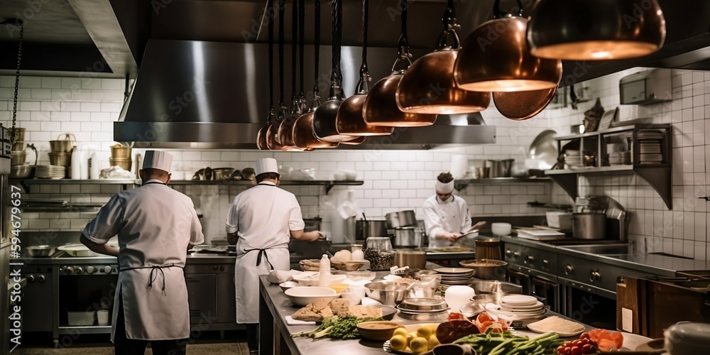 Professional kitchen with chefs cooking, restaurant kitchen with ...