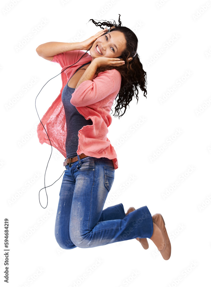 Portrait, headphones and portrait of woman jumping isolated on ...
