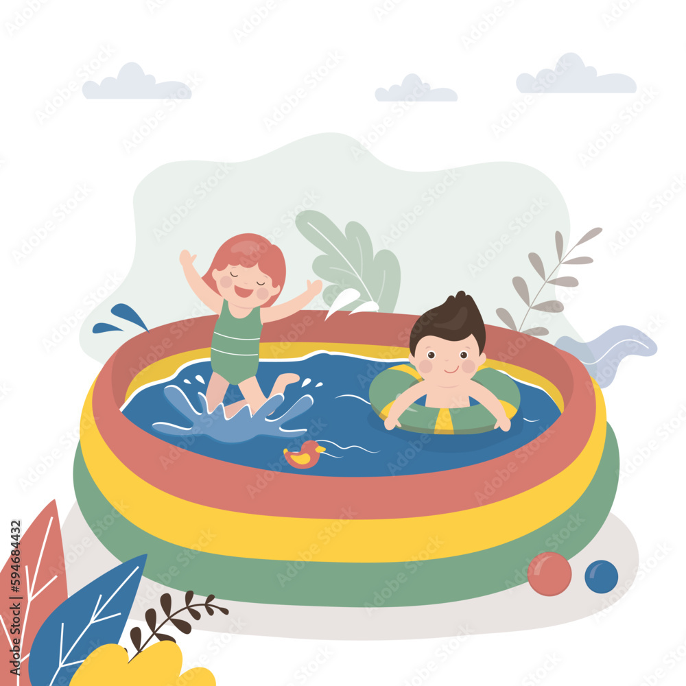 Funny children playing and swim in small inflatable pool. Summer time ...
