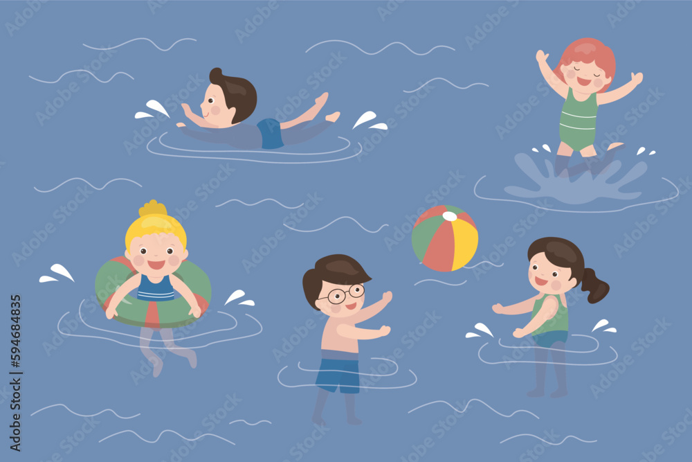 Cartoon preschool children in swimsuits. Various caucasian kids ...