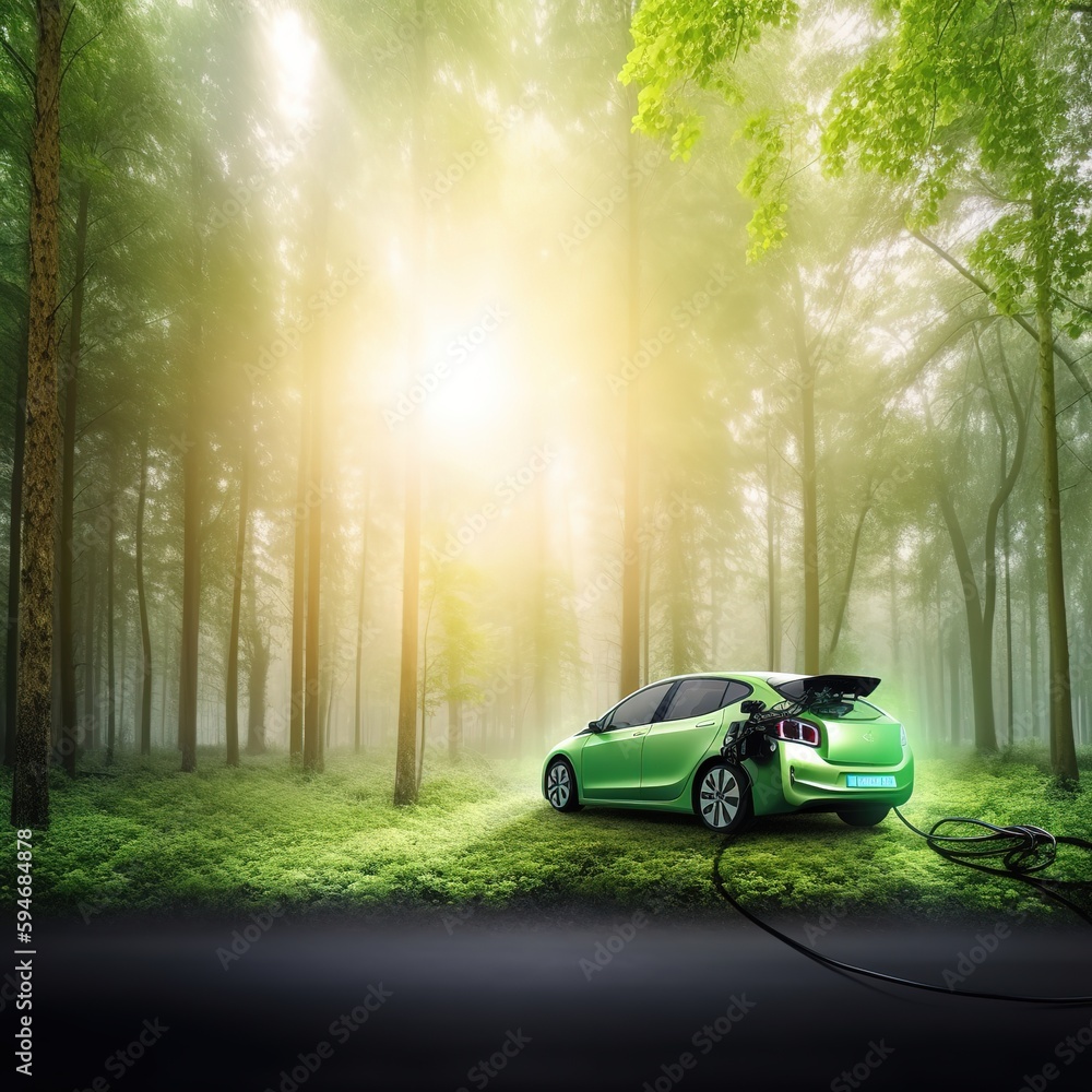 Electric car and EV energy for the environment, EV car on forest road ...