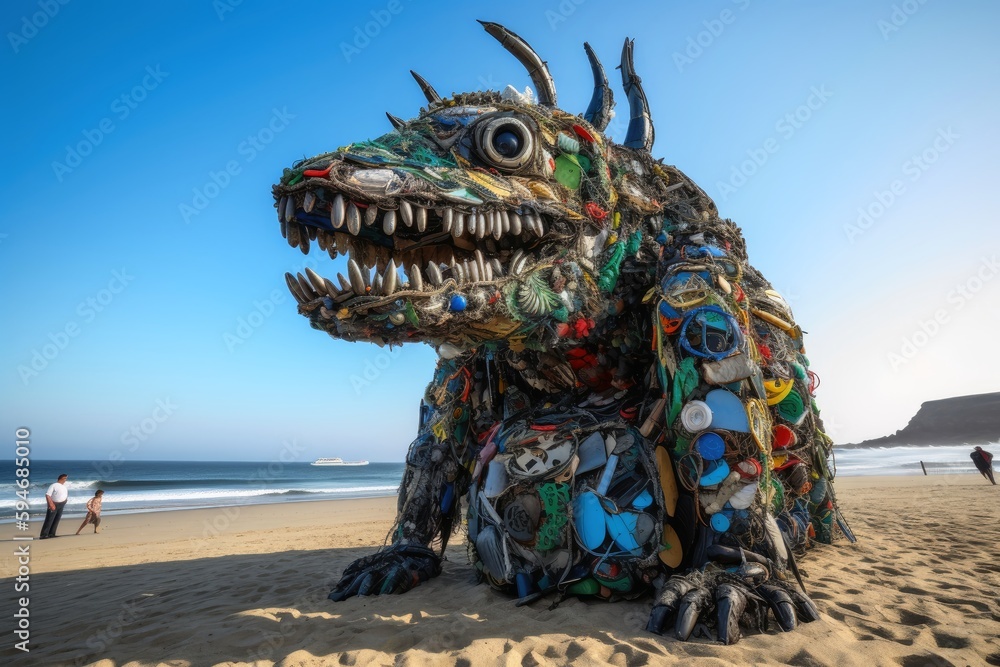 A monster made of plastic waste on the ocean beach created with ...