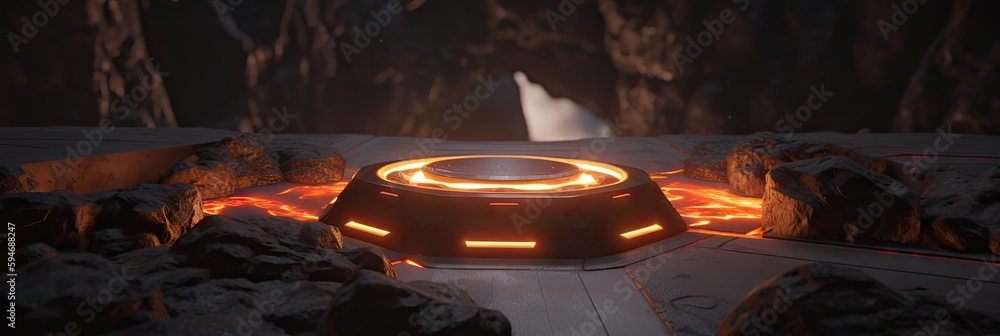 A 3 podium with lava cracks. Sсi-fi scene in black with a glow of fire ...