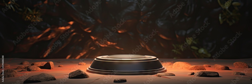 A 3 podium with lava cracks. Sсi-fi scene in black with a glow of fire ...