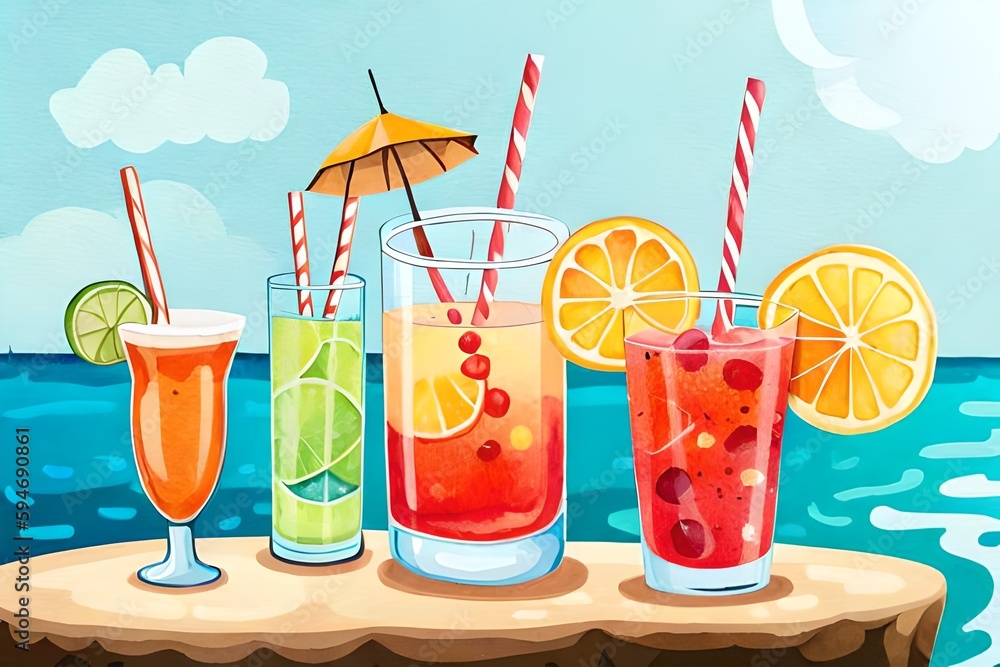 Watercolor summer drinks, summer clipart, created using generative AI ...