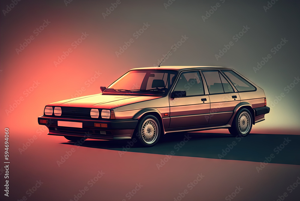 80s styled abstract retro car. Vintage automotive design in neon lights ...