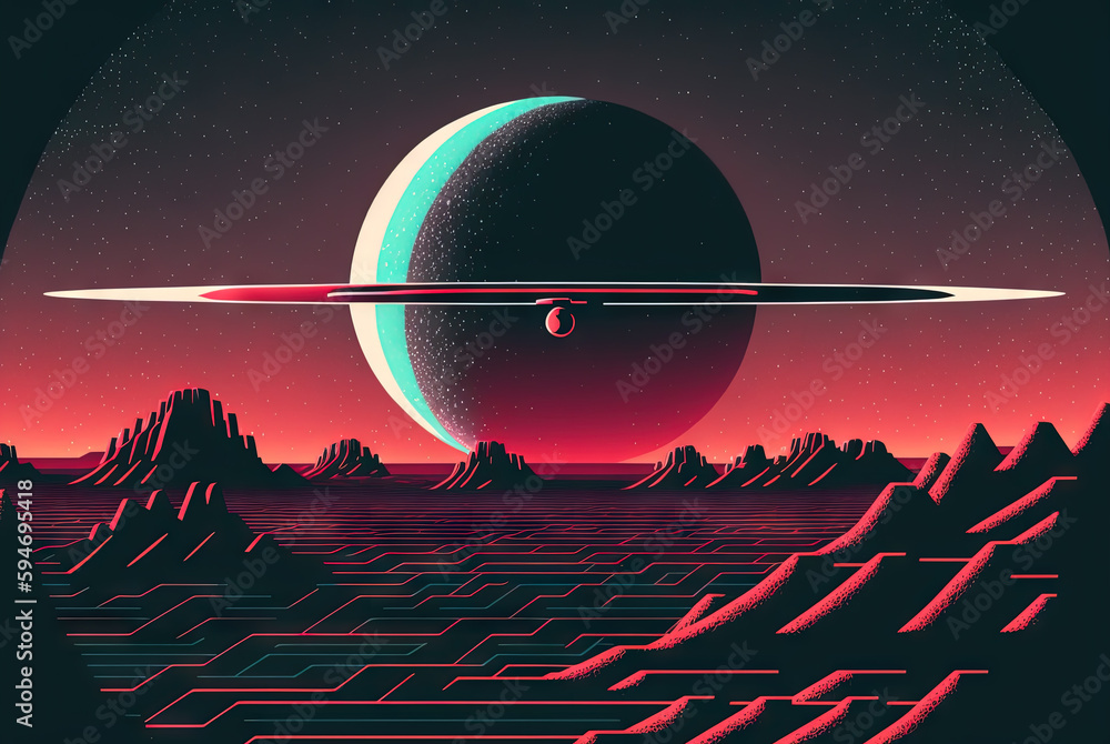 Retro styled sci-fi landscape with mountains. Retro futuristic science ...