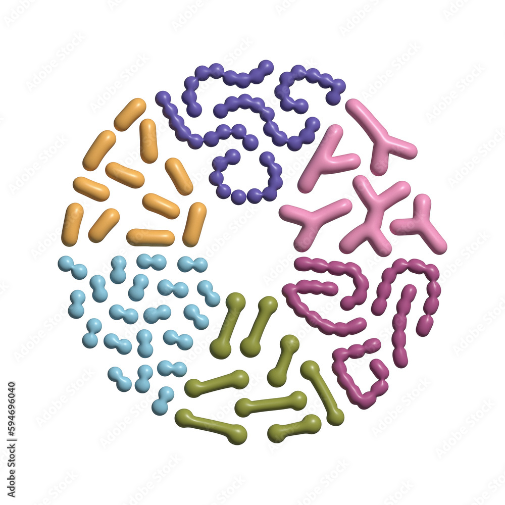3d render Probiotic bacteria types set in circle shape. Good microbiota ...