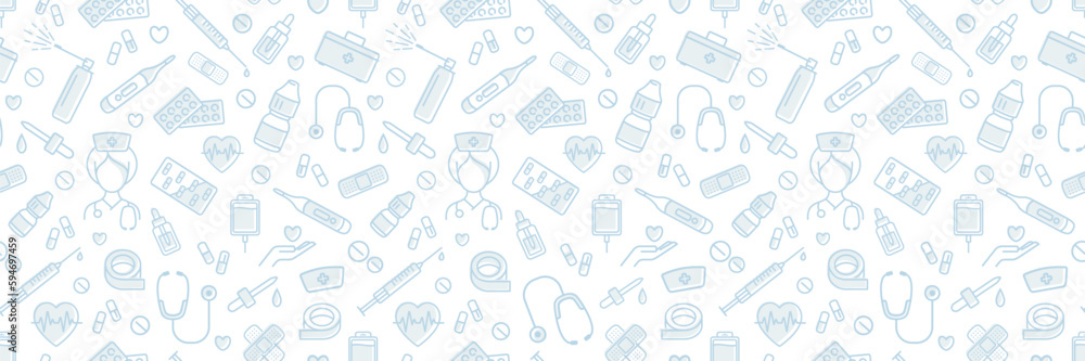 Medical seamless pattern in white and light blue colors. Minimal flat ...