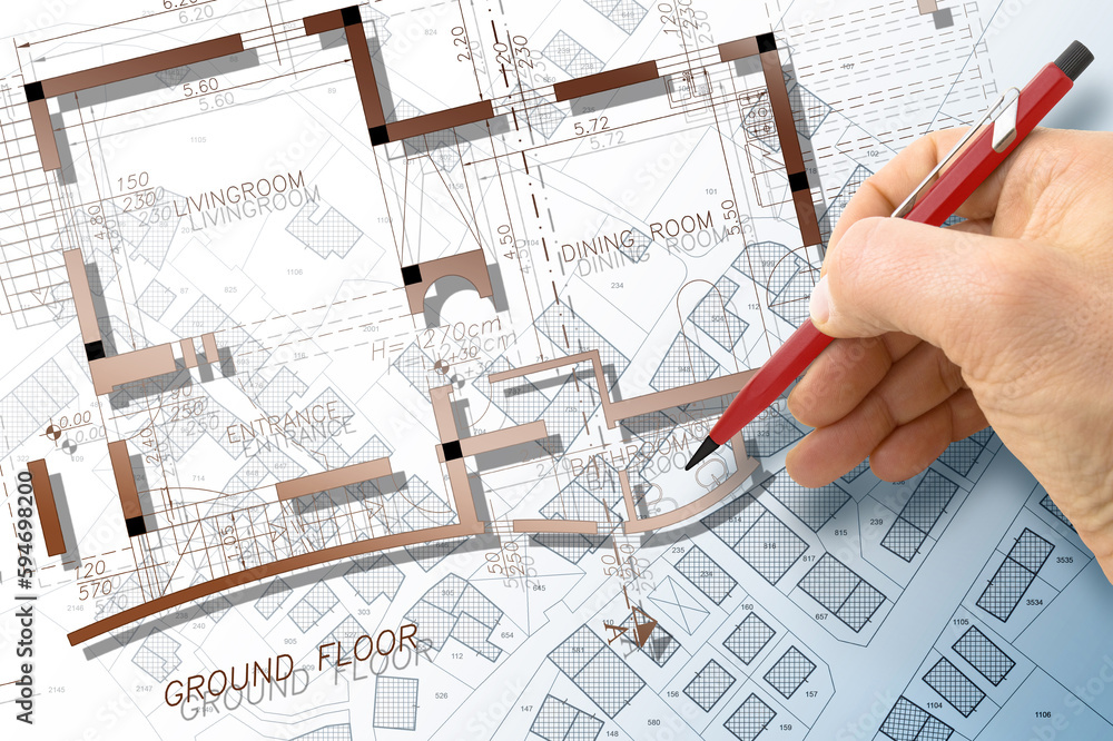 Architect drawing a residential building project over an imaginary ...