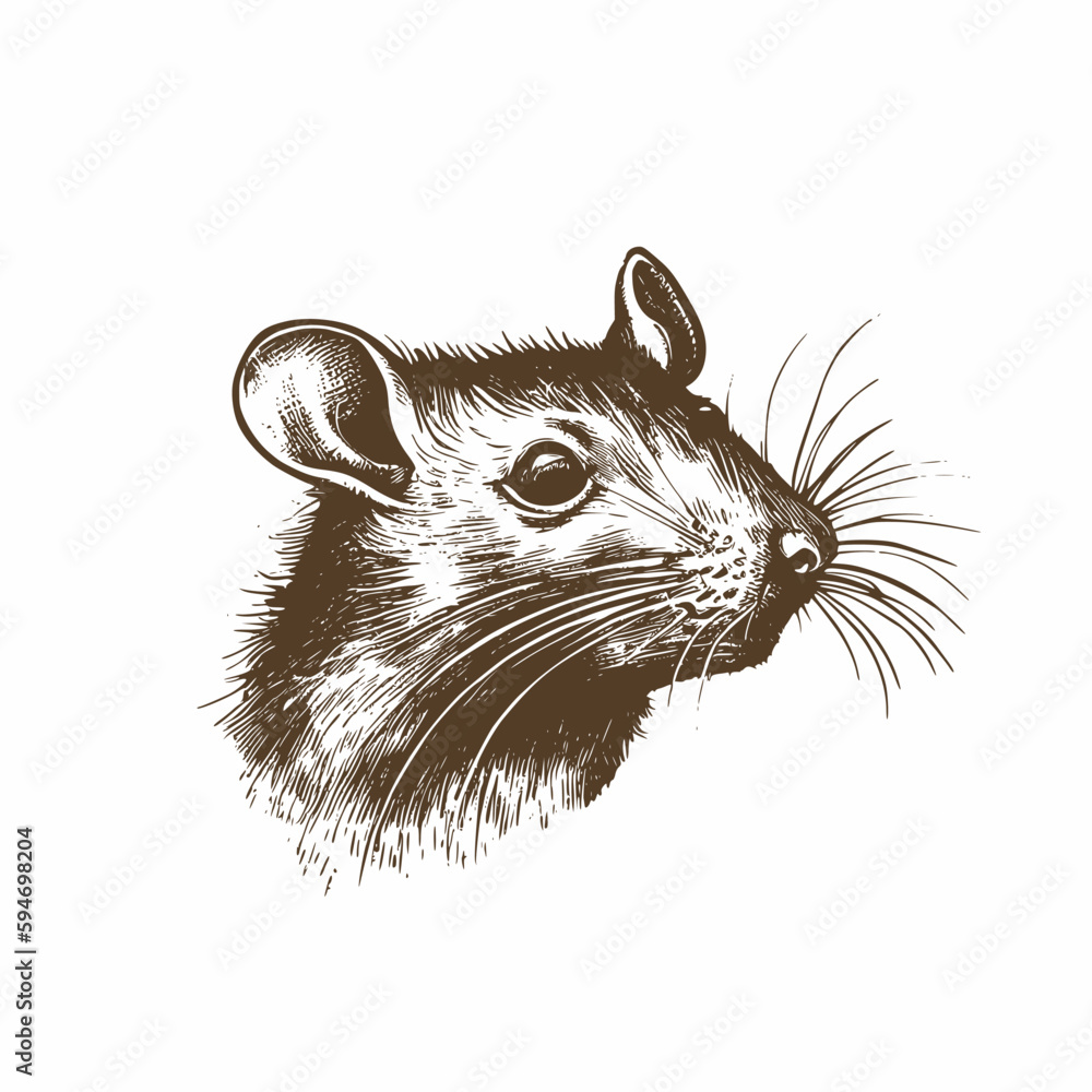 Vintage illustration of a rat head. an old-school drawing of mice ...