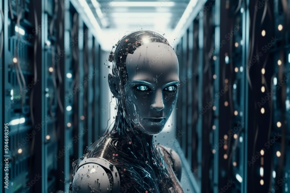 Robot Looking at Camera in server room. Artificial intelligence is self ...