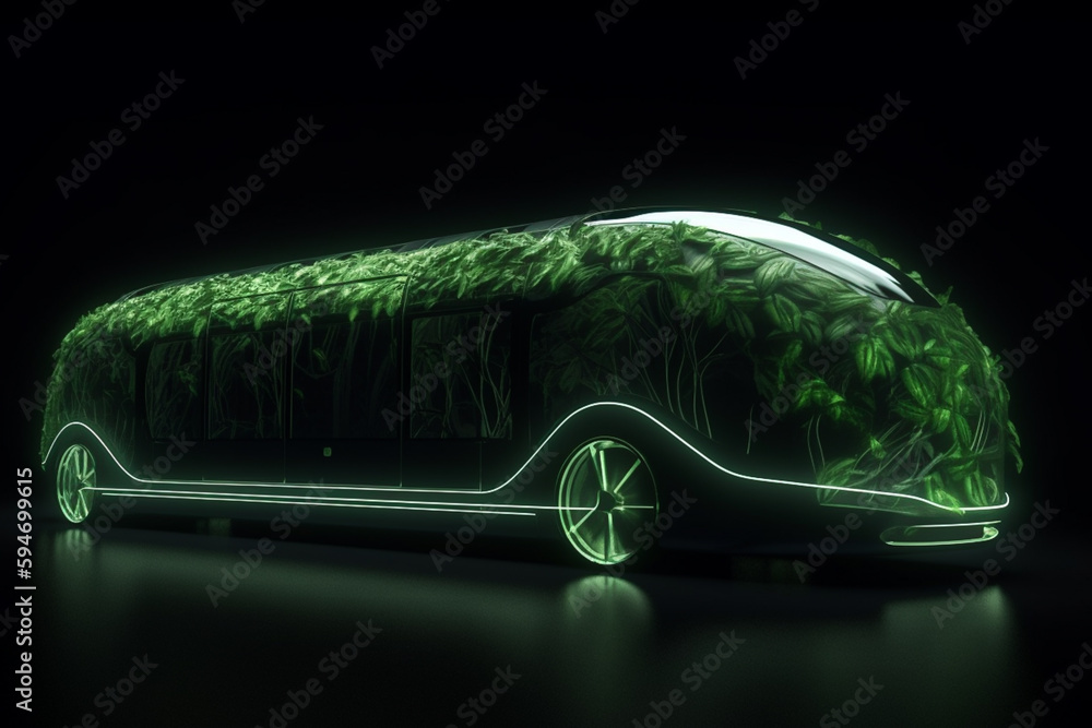 Autonomous futuristic bus covered with tendril and plants, concept of ...