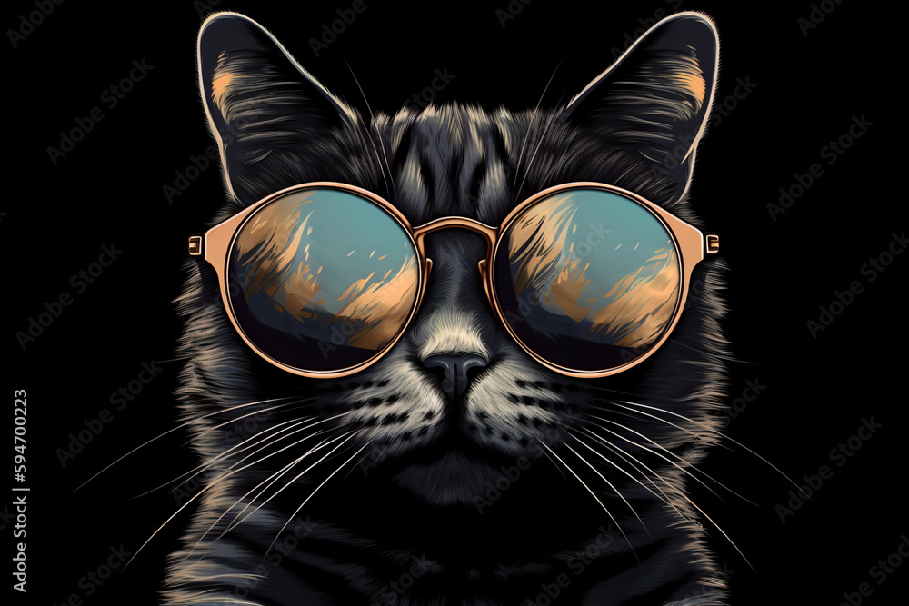 Cool Cat with mirror sunglasses Summer. Image on black background ...