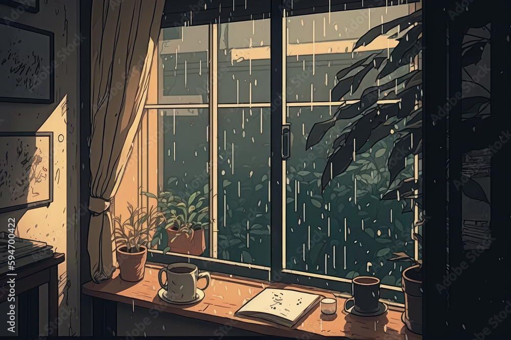 Rainy Day Anime Aesthetic Lofi Vibes in Ultra High-Resolution Room with ...