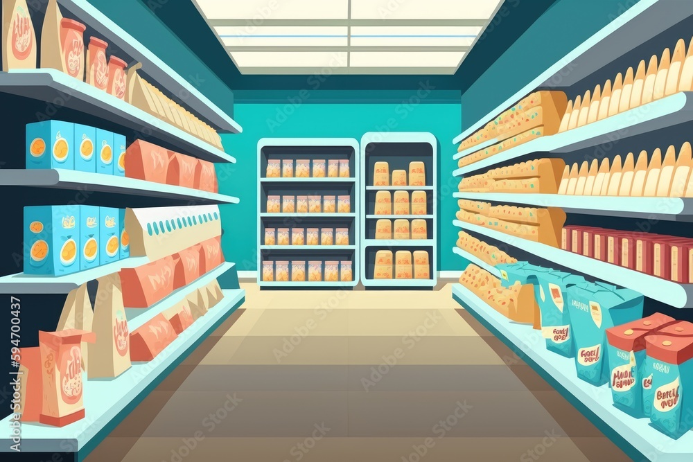 Aisle in grocery store and shelves with display shelf full of products ...