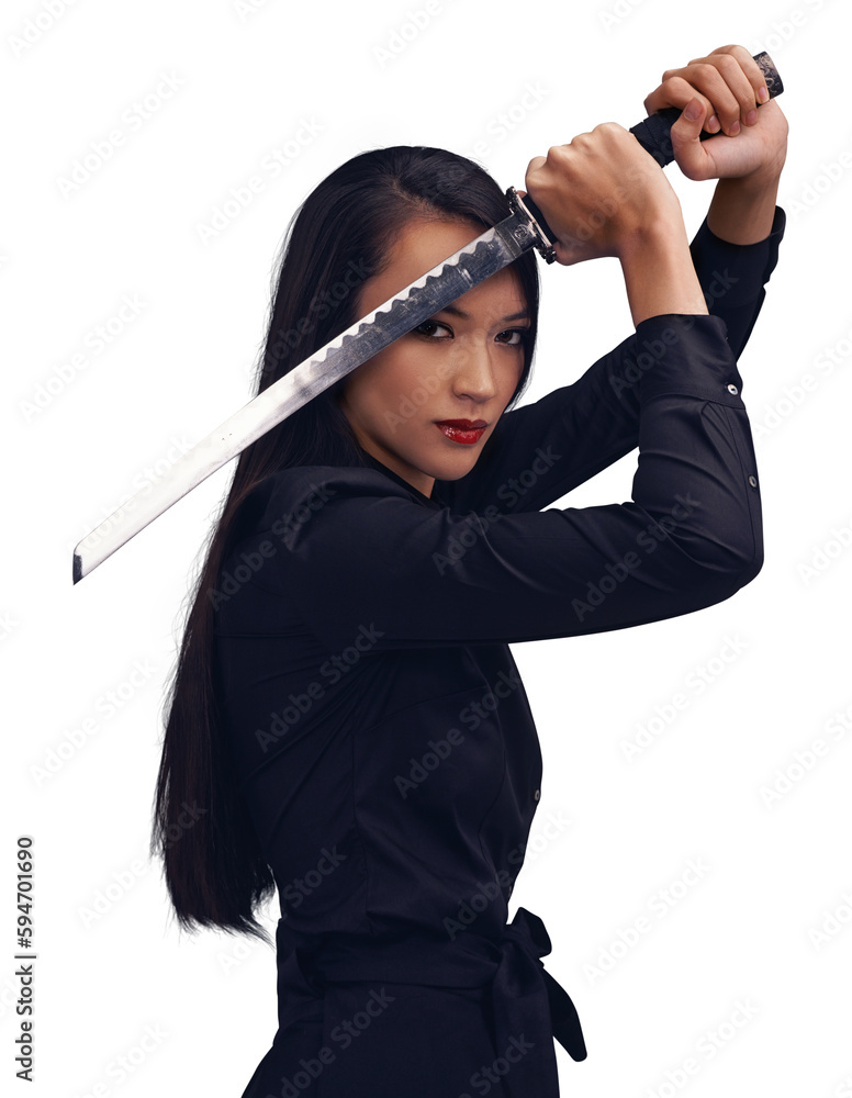 Ninja woman, portrait and sword for martial arts isolated on ...