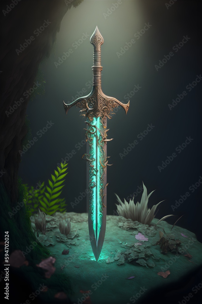 shining platinum longsword dark wooden hilt vines at the handguard ...