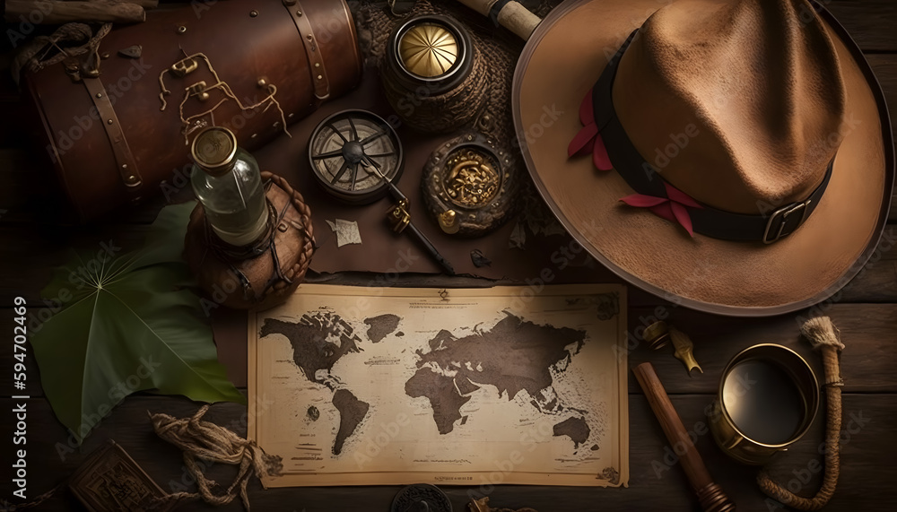 Pirate treasure map and compass, old captain hat on aged wooden table ...