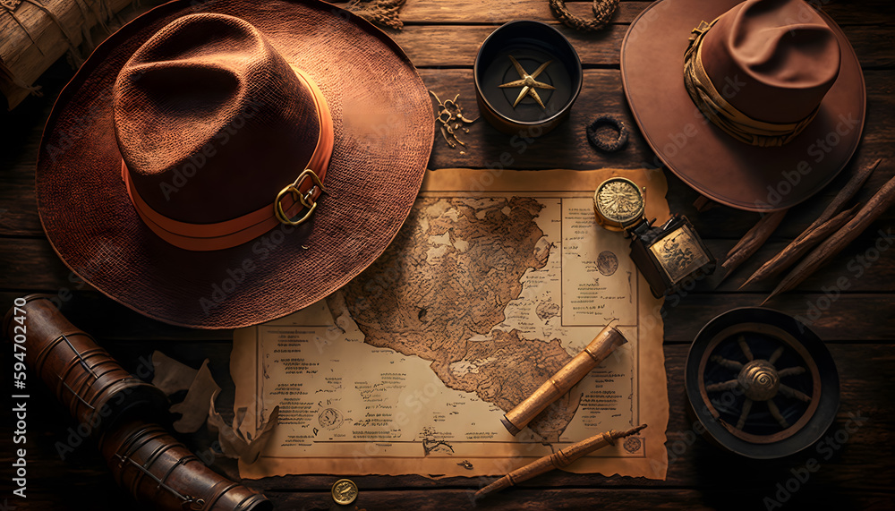 Pirate treasure map and compass, old captain hat on aged wooden table ...