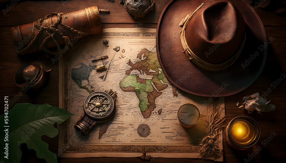 Pirate treasure map and compass, old captain hat on aged wooden table ...