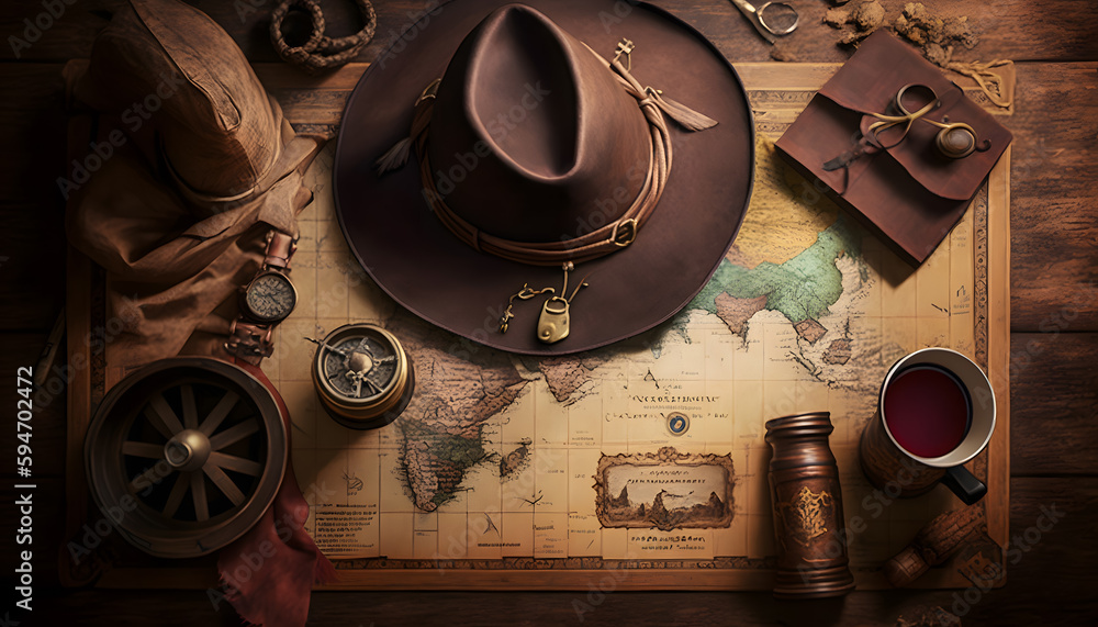 Pirate treasure map and compass, old captain hat on aged wooden table ...