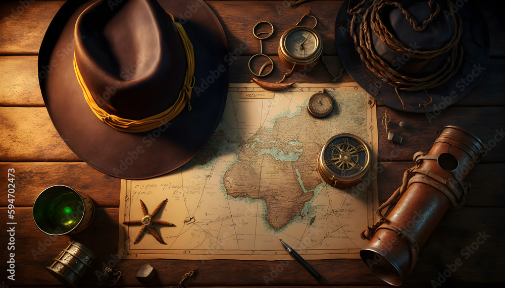 Pirate treasure map and compass, old captain hat on aged wooden table ...