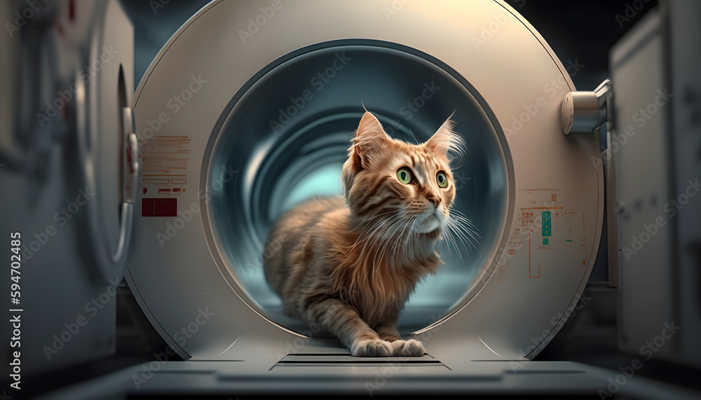 Cat lying on table before scanning in MRI equipment in veterinary ...