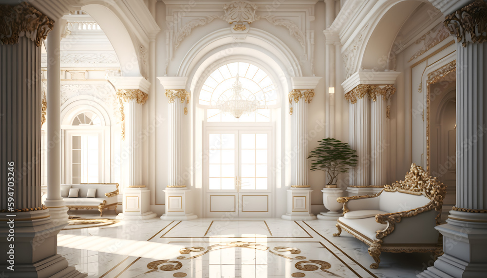 Light luxury royal posh interior in baroque style. White hall with ...
