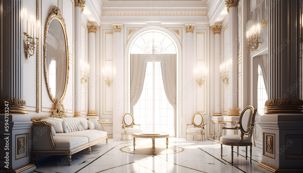 Light luxury royal posh interior in baroque style. White hall with ...