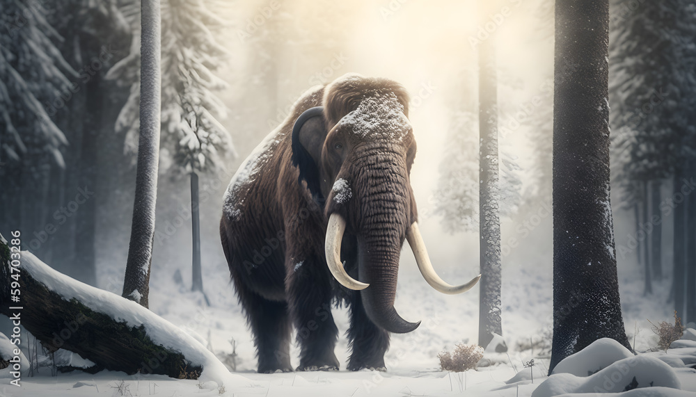 Woolly mammoth with sunlight, prehistoric animal in landscape frozen ...